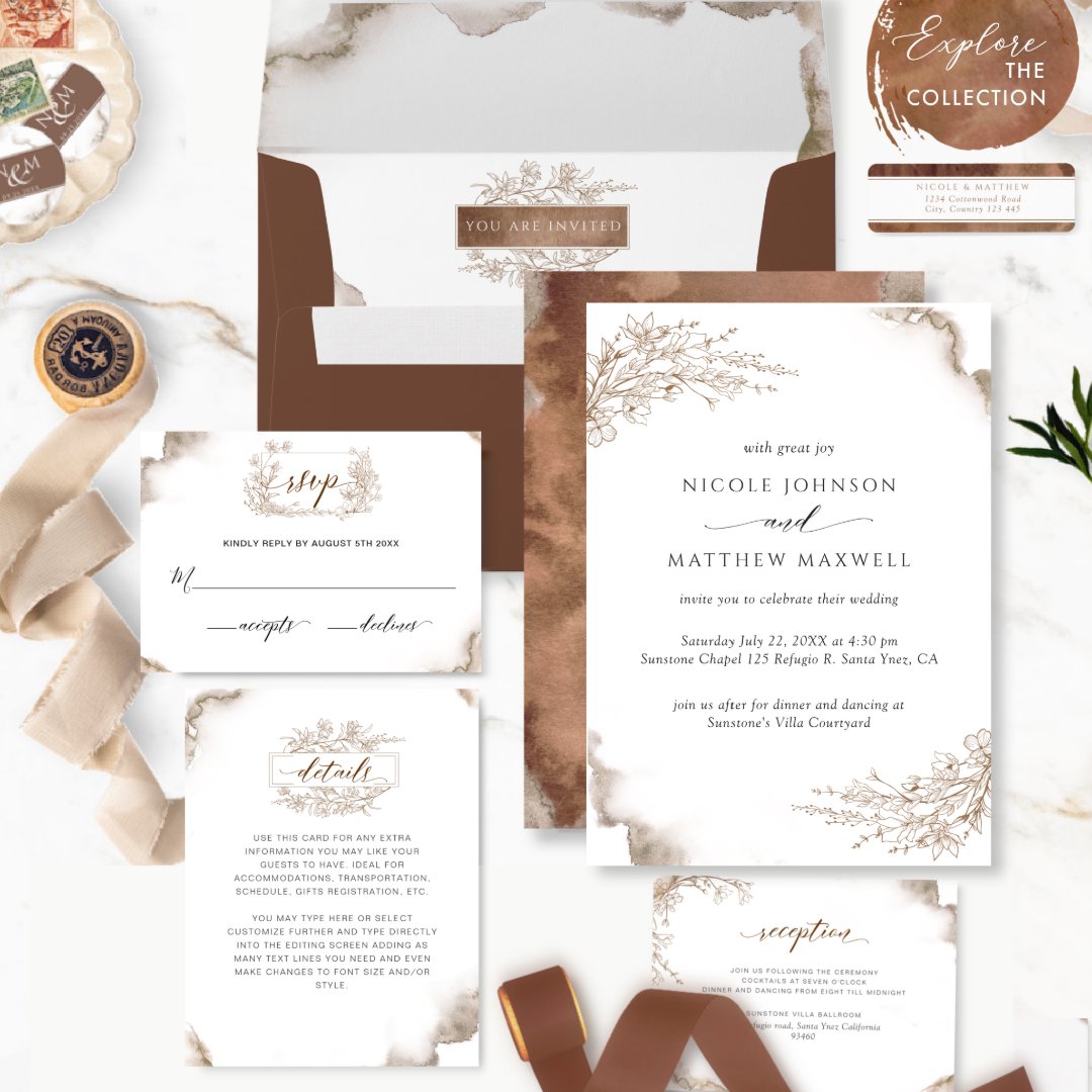 Elegant Earthy Tones Watercolor, Floral Wedding Invitation | Zazzle