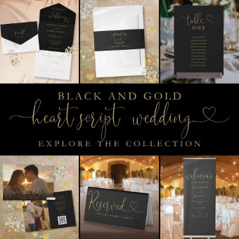 Script Hearts Black And Gold QR Code Wedding All In One Invitation | Zazzle
