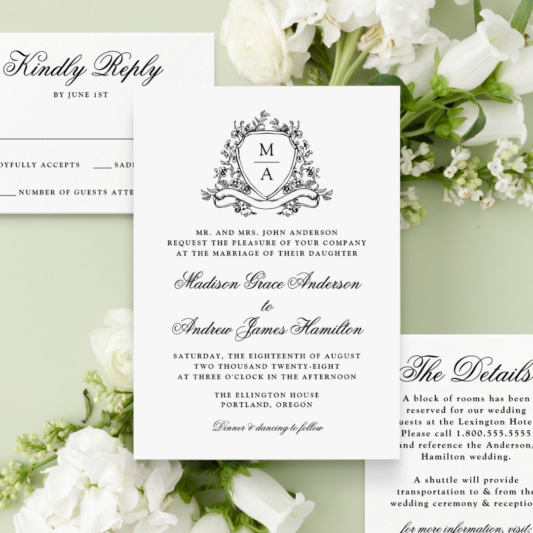 Elegant Black Floral Crest Monogram Wedding Save The Date | Zazzle