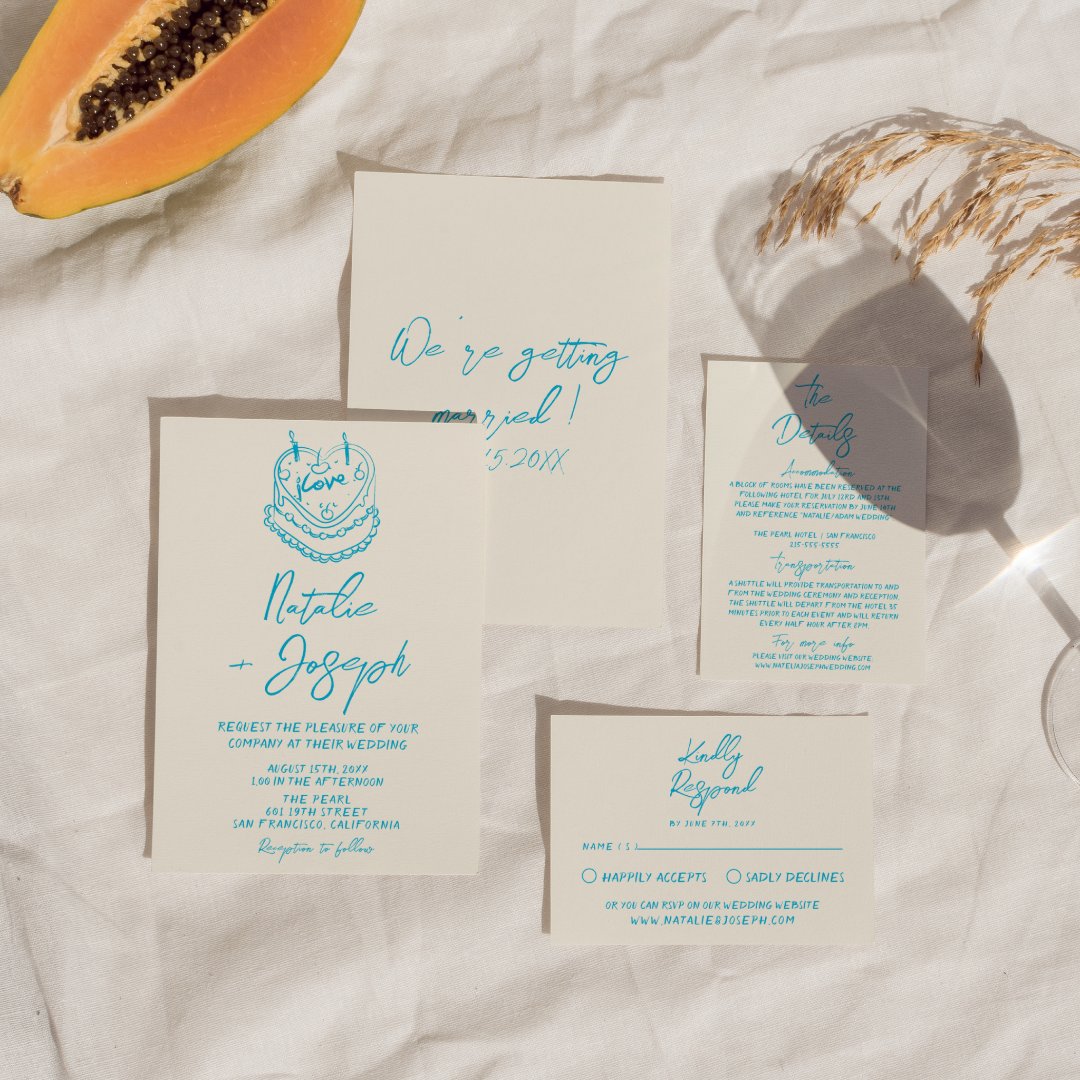 Retro Hand Drawn Written Cake Bold Unique Wedding Invitation | Zazzle