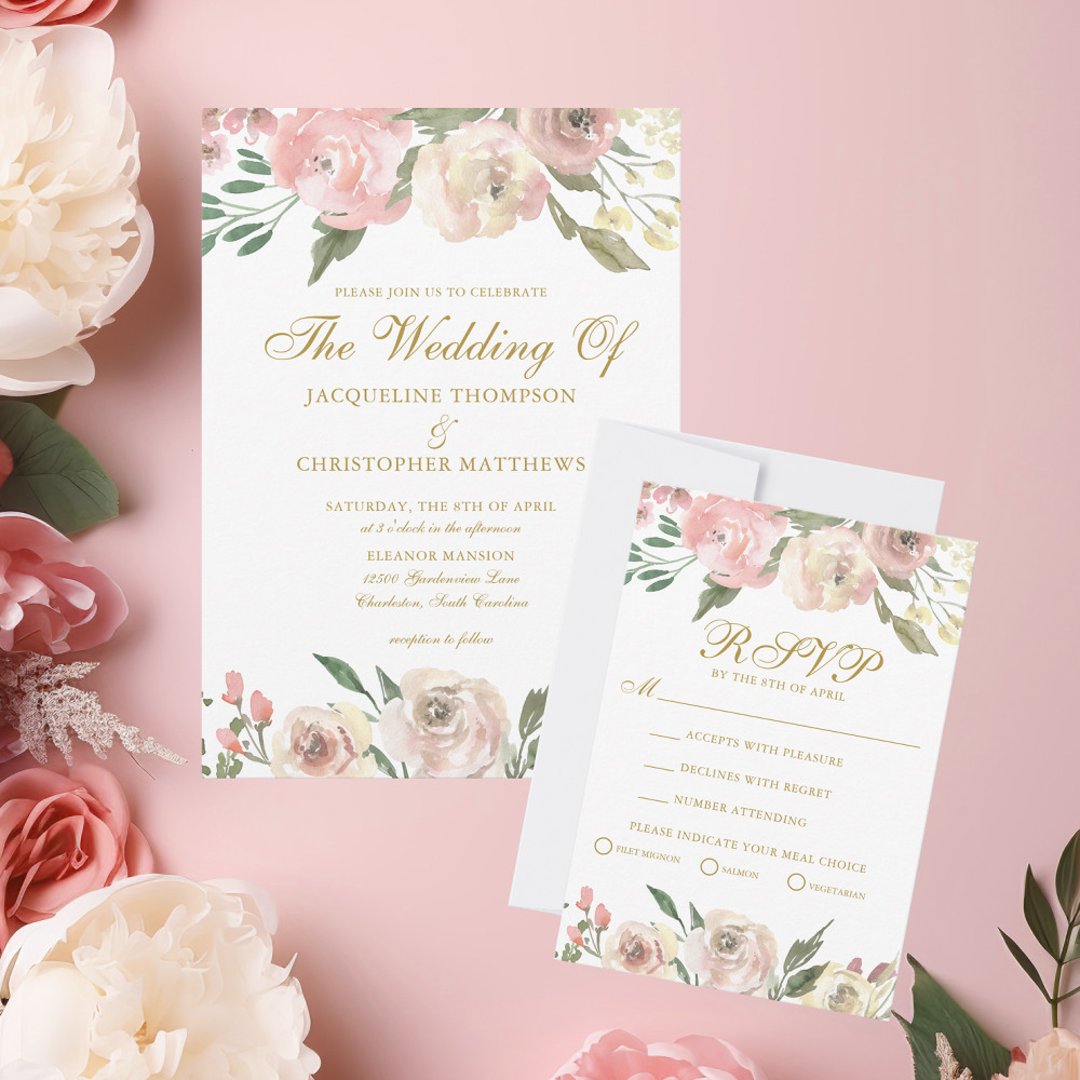 Elegant Blush Pink Floral Peony Wedding Gold Foil Invitation | Zazzle