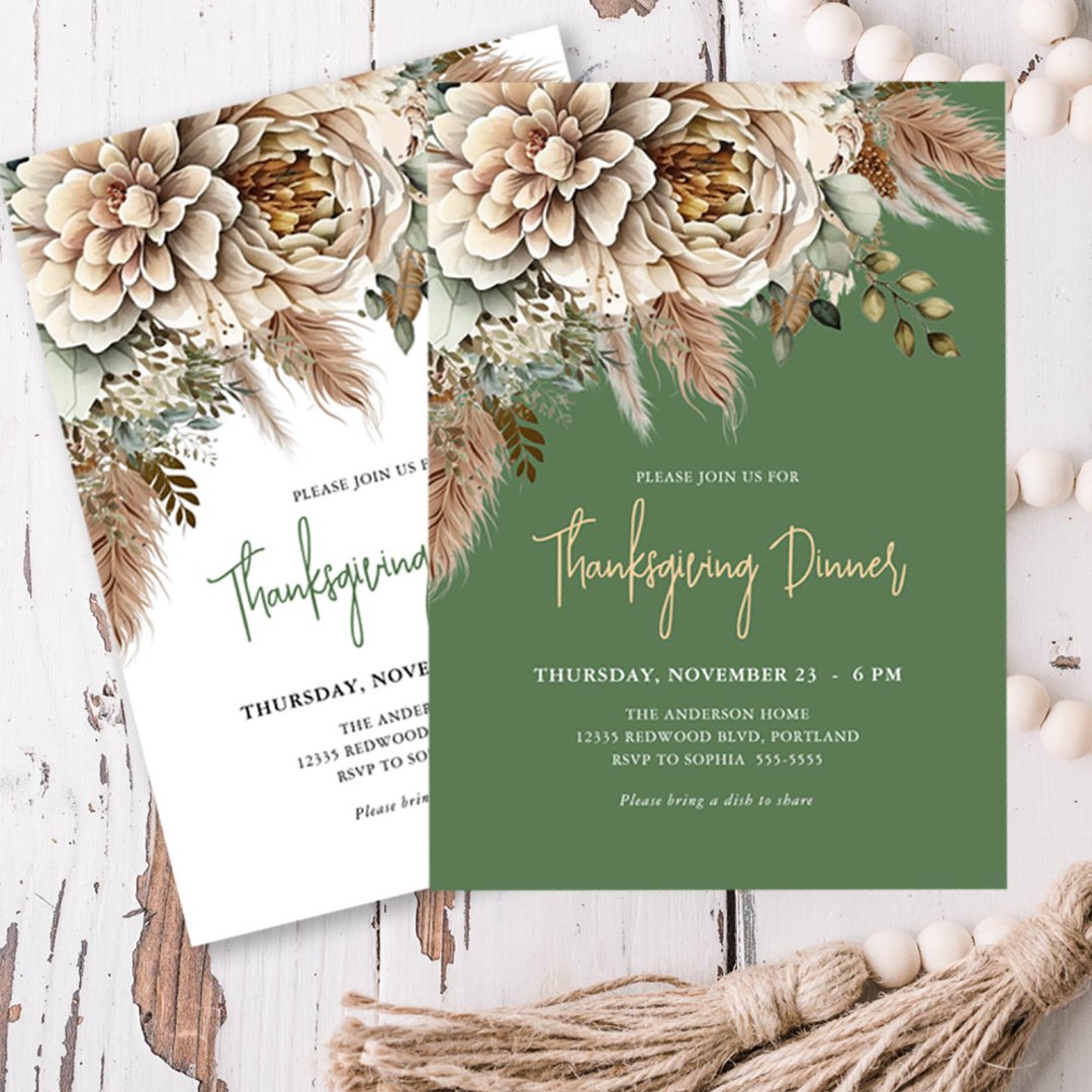 Elegant Boho Floral Thanksgiving Dinner Invitation | Zazzle