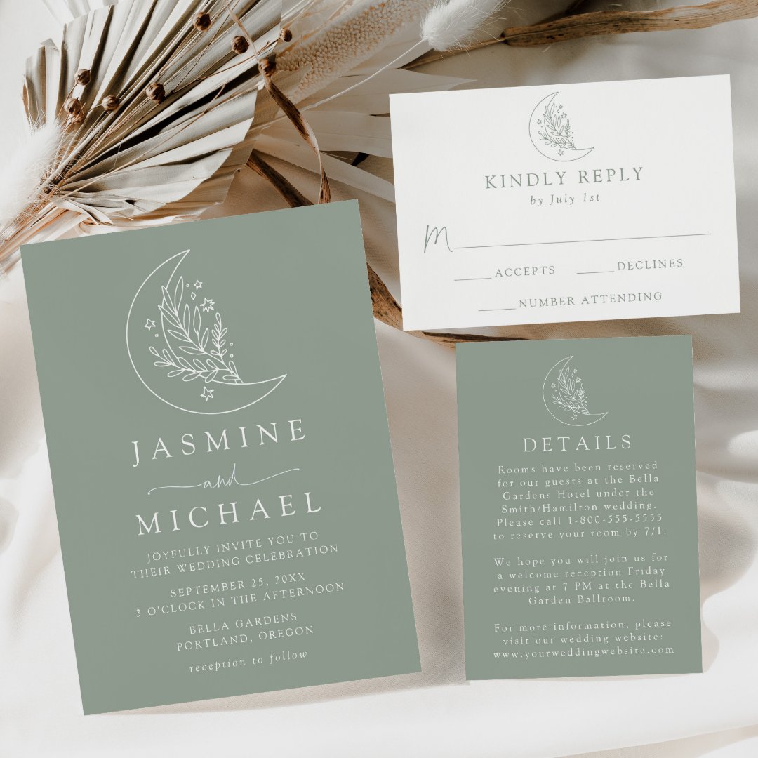 Elegant Moon and Stars Sage Green Wedding Favor Classic Round Sticker ...