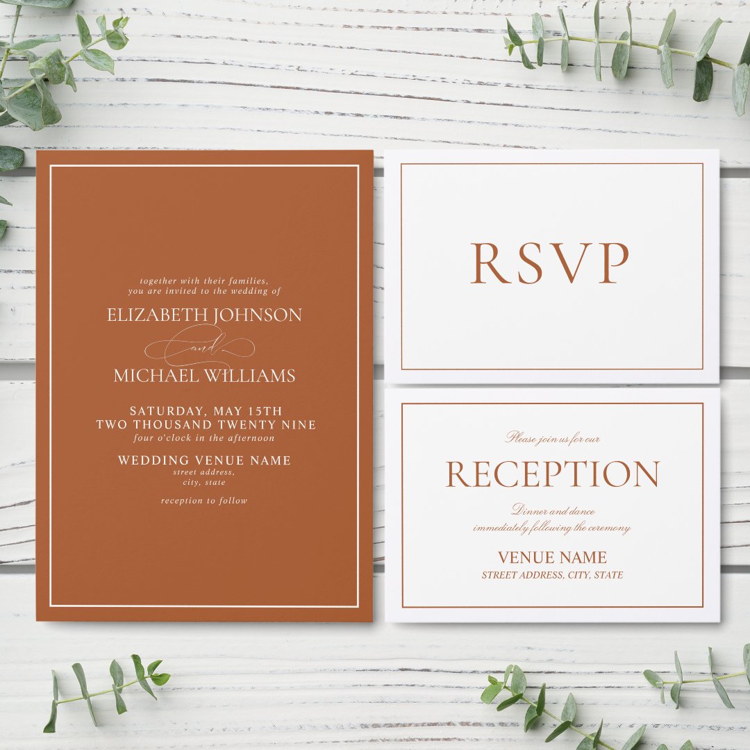 QR Code Formal Burnt Orange Classic Script Wedding Invitation | Zazzle