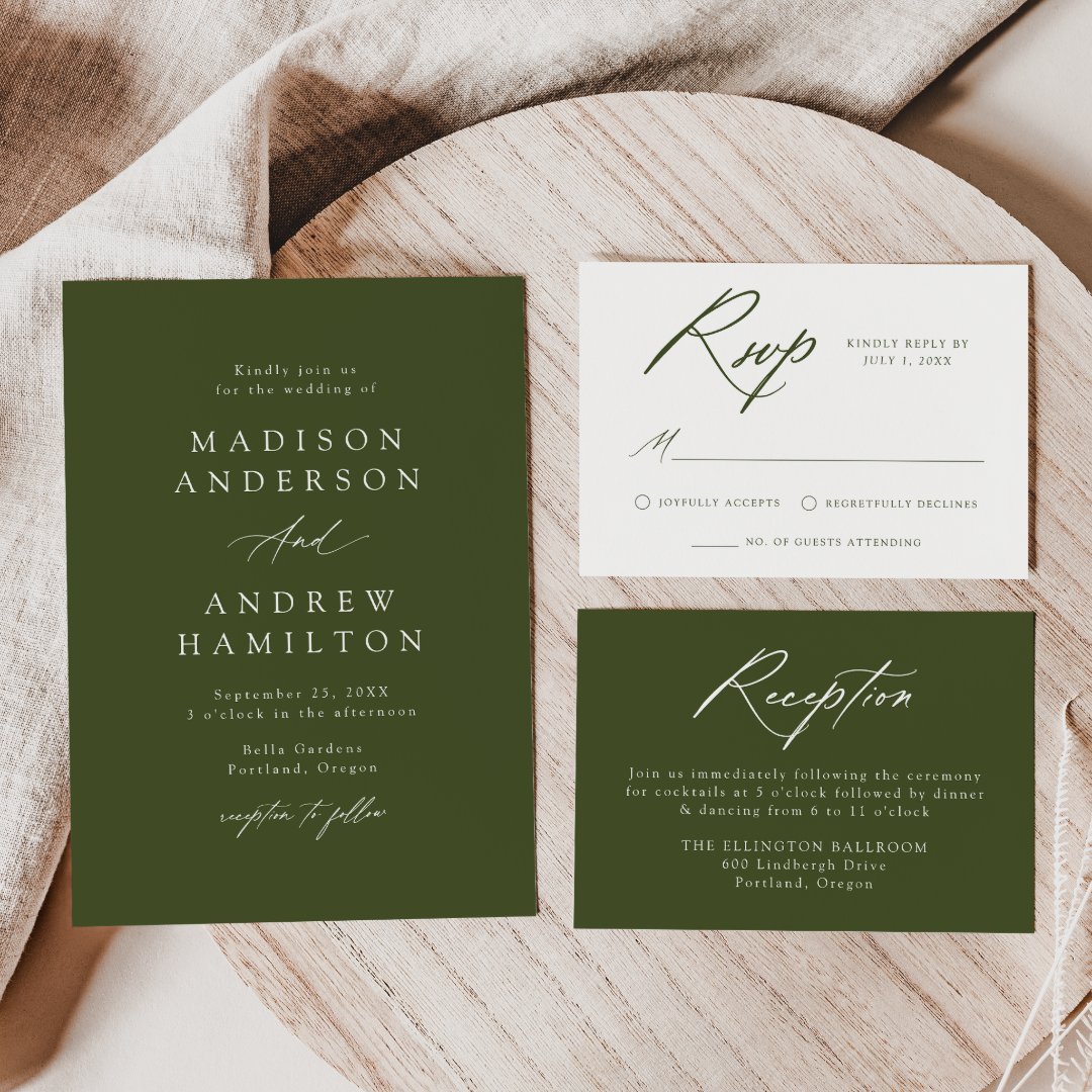 Elegant Calligraphy Olive Green Wedding Invitation | Zazzle