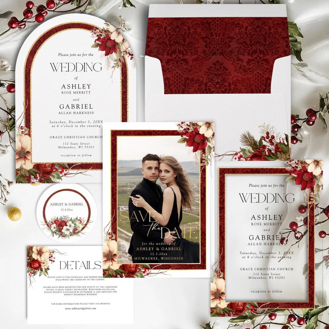 Elegant Christmas Red Damask Floral Acrylic Invitations | Zazzle