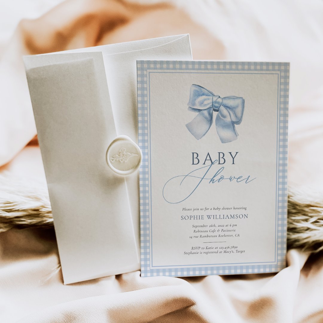 Elegant Clasic Blue Coquette Bow Baby Shower Invitation | Zazzle