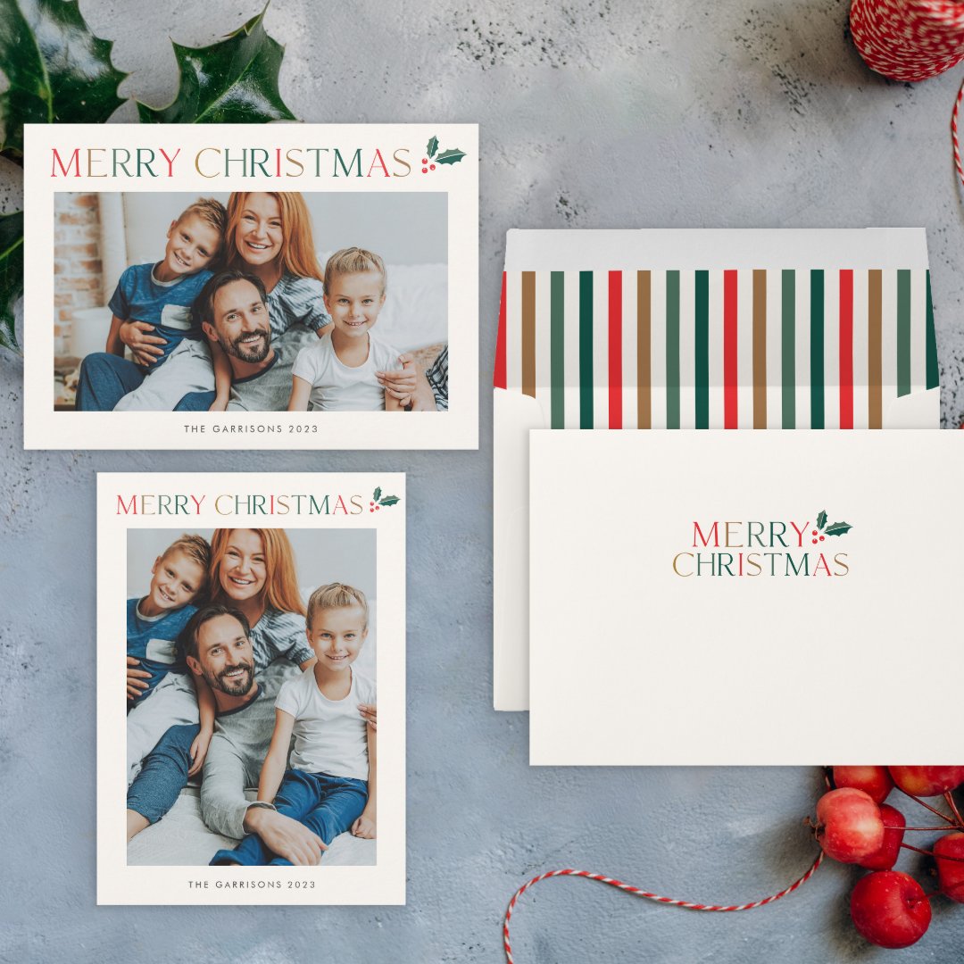Simple 3 Photo Collage Colorful Merry Christmas Holiday Card | Zazzle