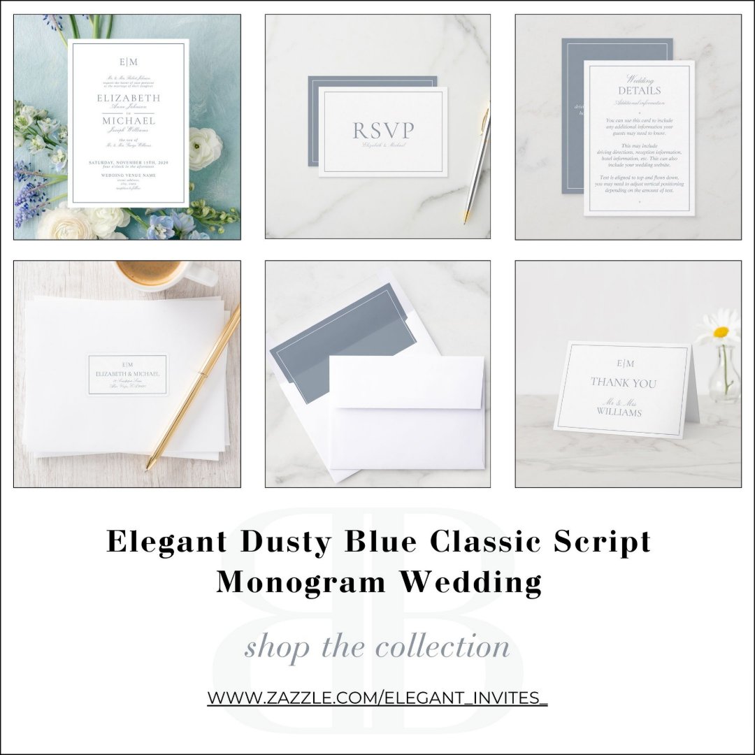 QR Code Dusty Blue Classic Script Monogram Wedding Invitation | Zazzle
