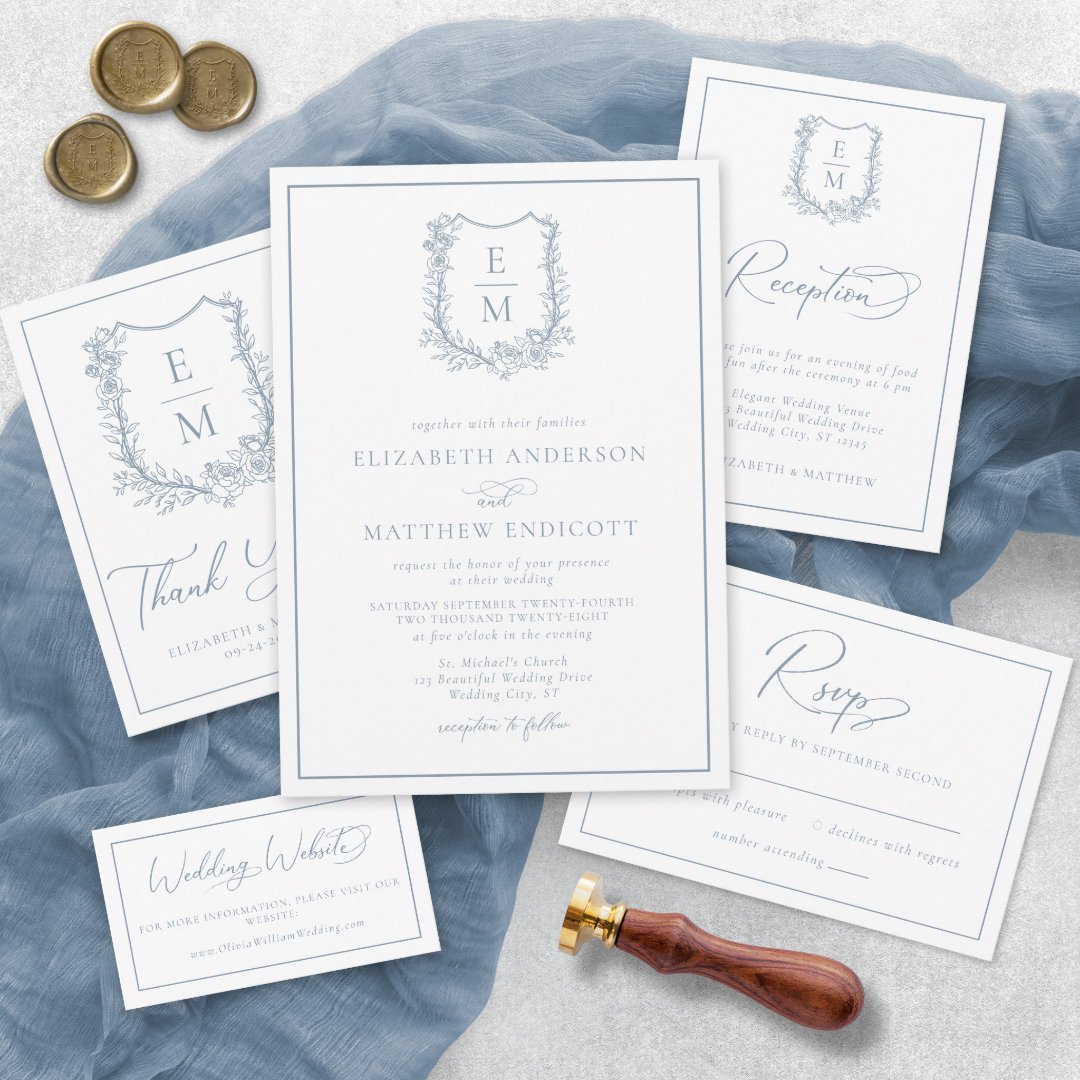 Elegant Dusty Blue Floral Crest Monogram Wedding Invitation | Zazzle