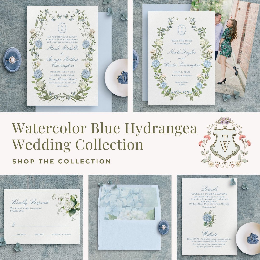 Elegant Dusty Blue Hydrangea Monogram Invitation | Zazzle