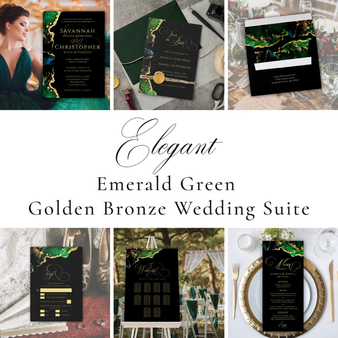 Elegant Emerald Green Bronze Gold Wedding Invitation | Zazzle