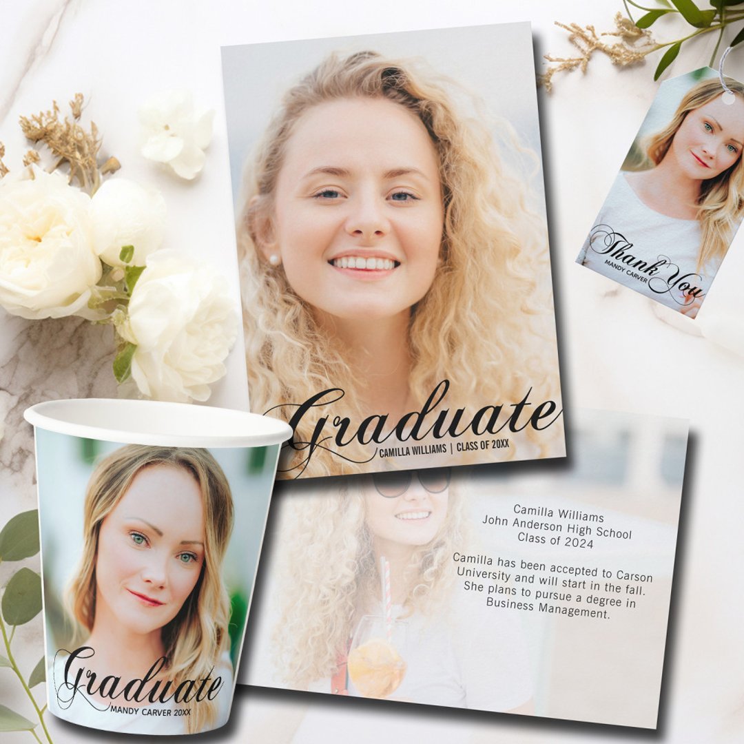 Elegant Calligraphy Graduation Photo Thank You Postcard | Zazzle