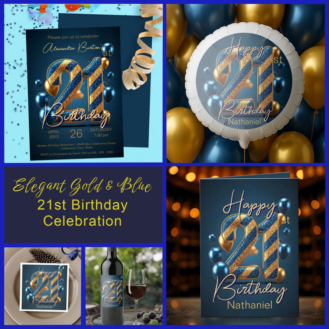 Elegant Midnight Blue & Gold Striped 21st Birthday Wine Label | Zazzle
