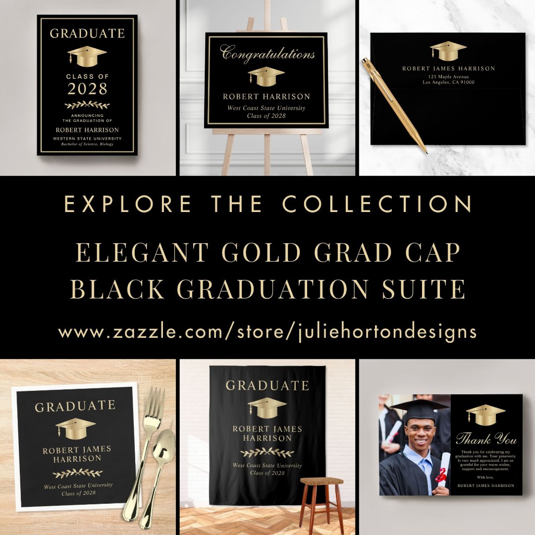 Elegant College Black Gold Graduation Announcement | Zazzle