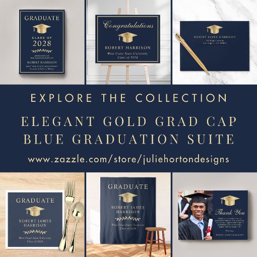 Elegant College Blue Gold Graduation Party Invitation | Zazzle