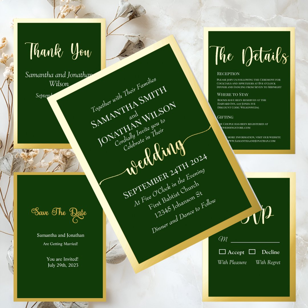 Elegant Gold Script and Frame on Green Wedding Foil Invitation | Zazzle