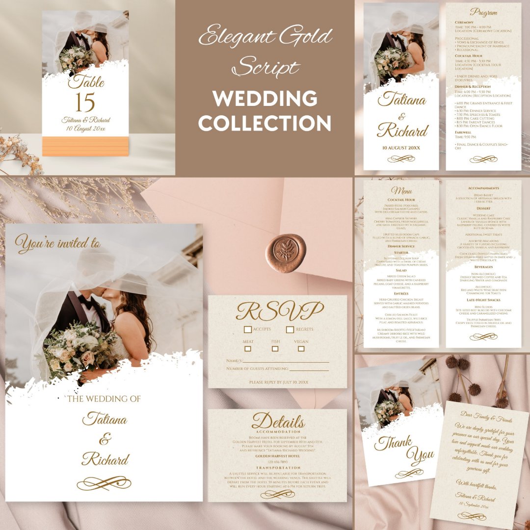 Elegant Photo & Gold Script Wedding Program | Zazzle