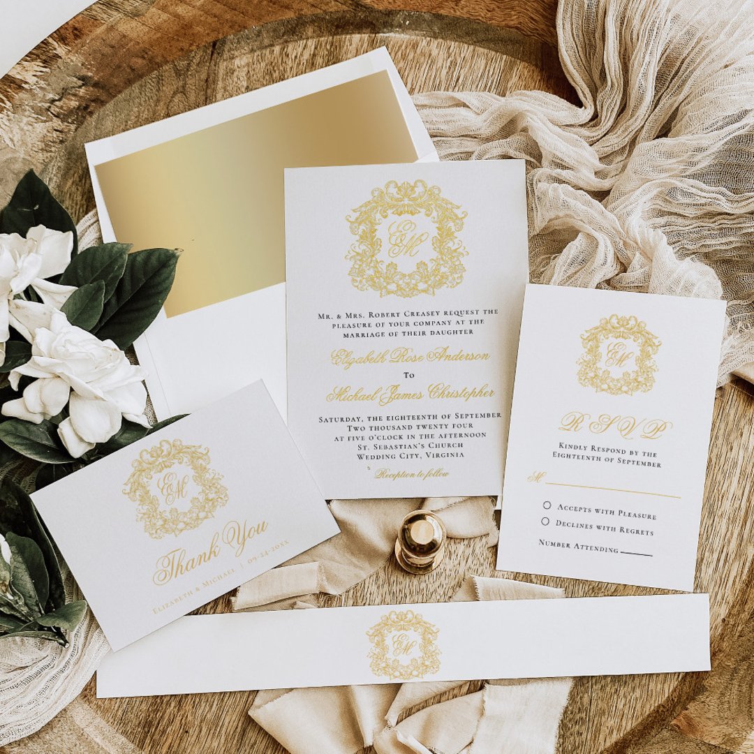 Formal Monogram Crest Elegant Wedding All Gold Foil Invitation | Zazzle