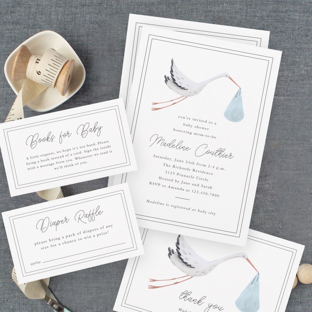 Elegant Hand Drawn Stork Boys Baby Shower Invitation | Zazzle