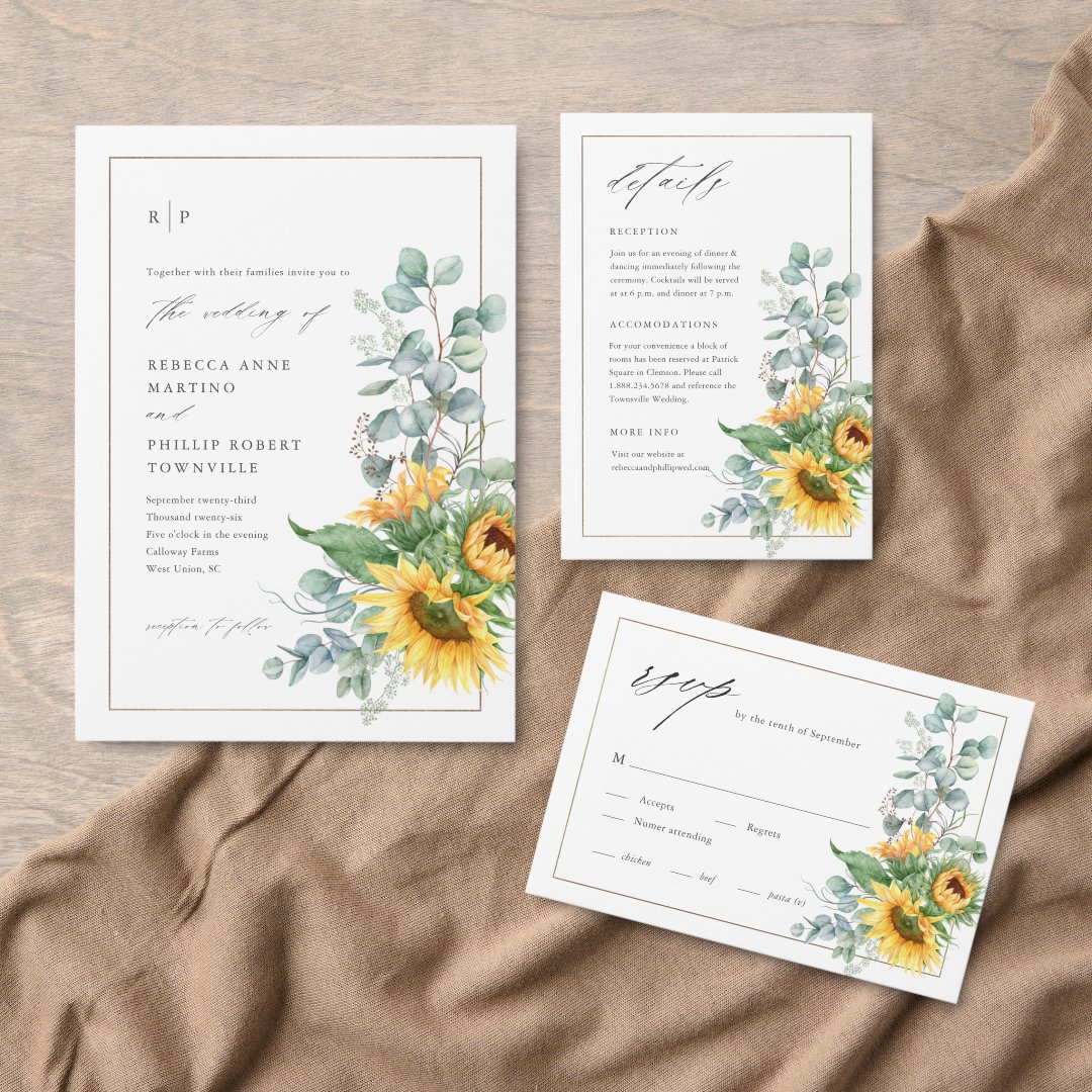 Elegant Sunflower Eucalyptus Watercolor Wedding Invitation | Zazzle
