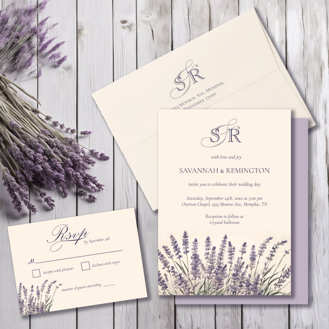 Elegant Lavender Floral Monogrammed Wedding Invitation | Zazzle
