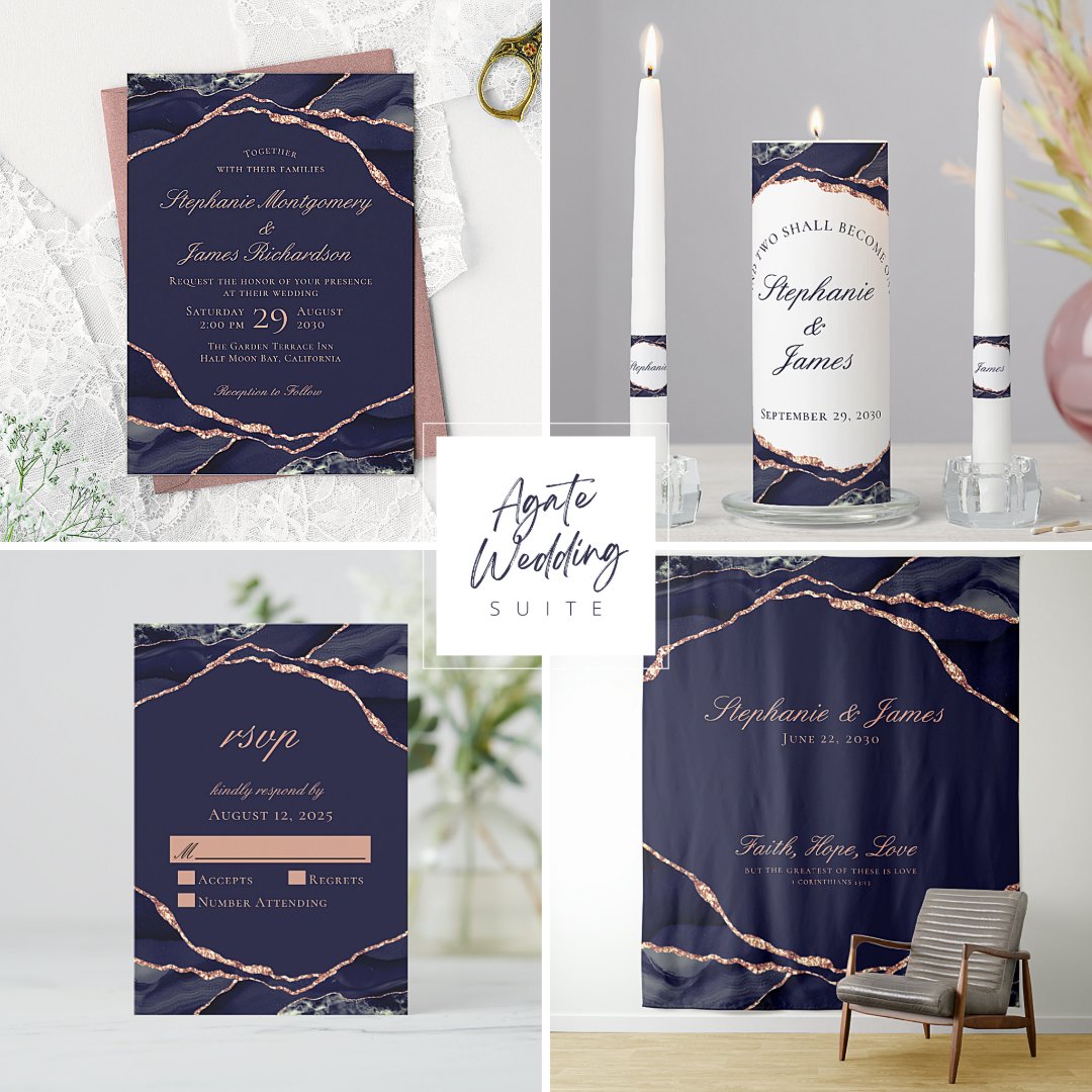 Elegant Navy Rose Gold Foil Agate Wedding Invitation | Zazzle