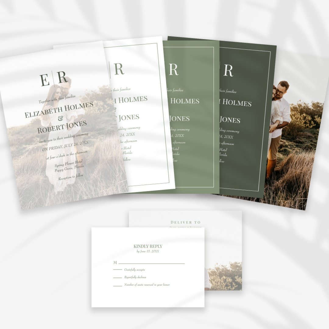 Dark Olive Minimalist Monogram & Photo Wedding Invitation | Zazzle