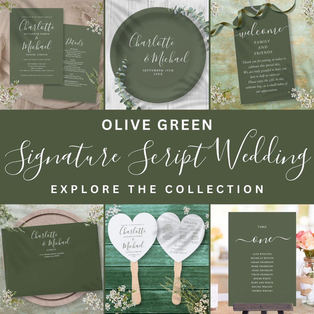All In One Simple Olive Green Script Wedding Invitation | Zazzle