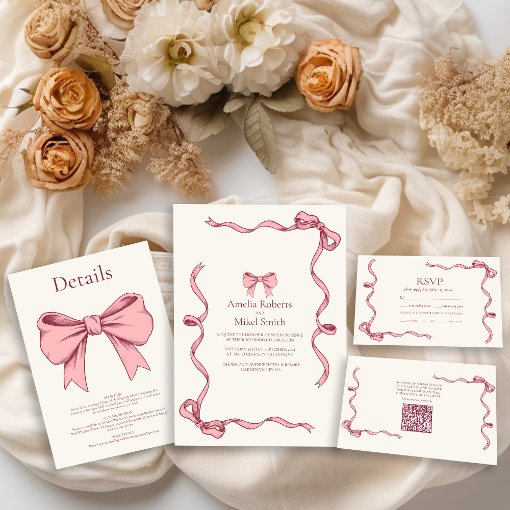 Elegant Pink Hand Drawn Bow Wedding Invitation | Zazzle