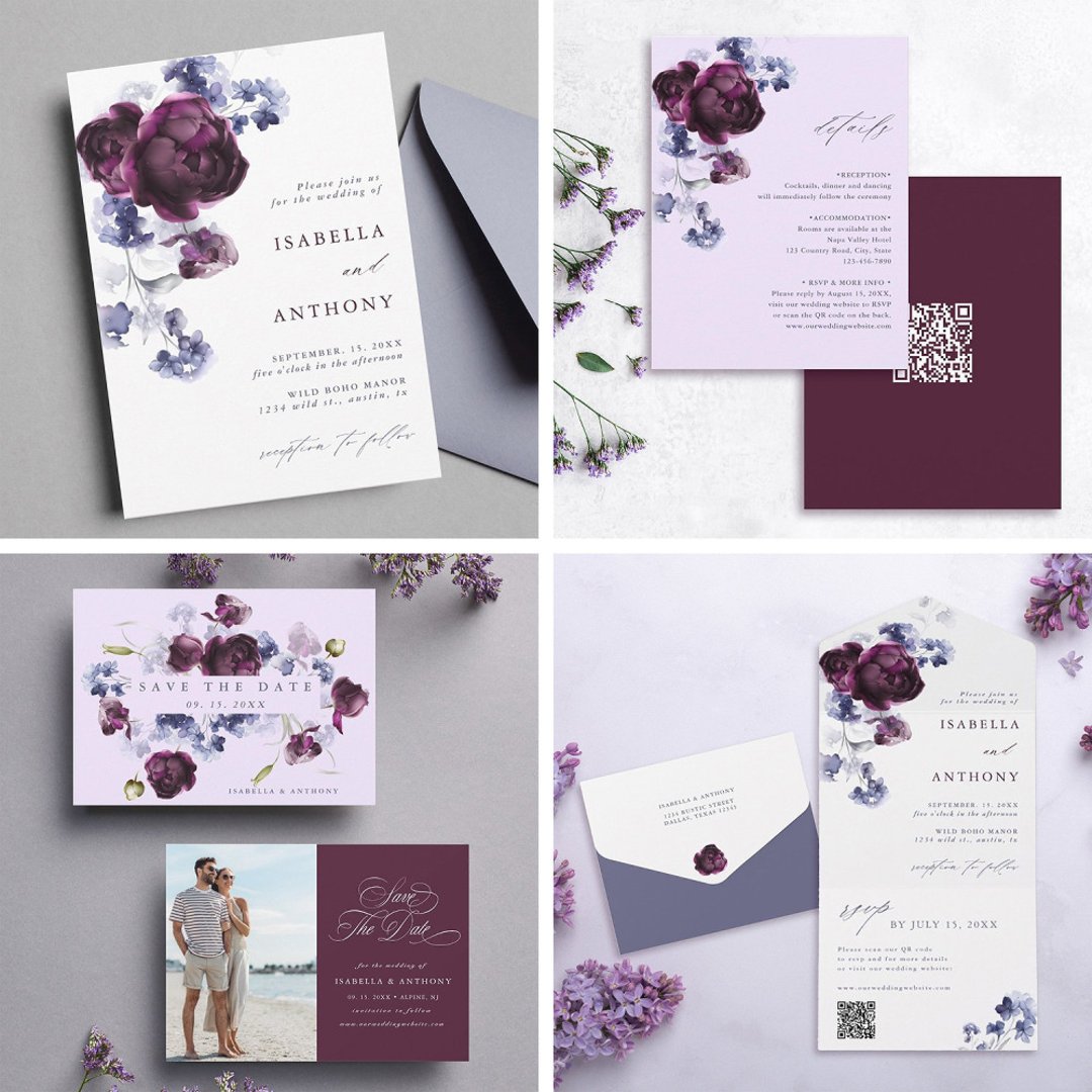 Elegant Plum Purple & Indigo Blue Floral Wedding Poster | Zazzle