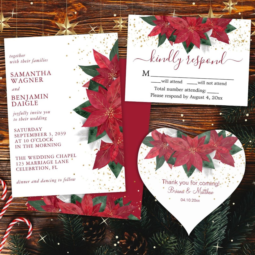 Elegant Poinsettia Christmas Wedding Invitation Belly Band | Zazzle