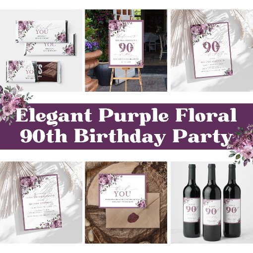 Elegant Purple Floral 90th Birthday Thank You Card | Zazzle