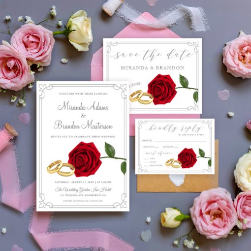 Elegant Gold Floral Red Roses Wedding Invitation | Zazzle
