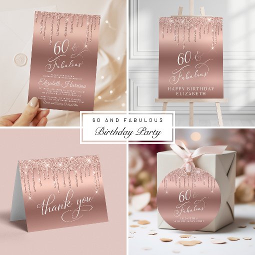 60th Birthday Glitter Rose Gold Invitation | Zazzle
