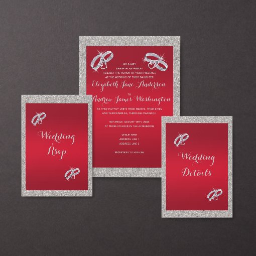Elegant Ruby Red & Sparkly Silver Rings Wedding RSVP Card | Zazzle