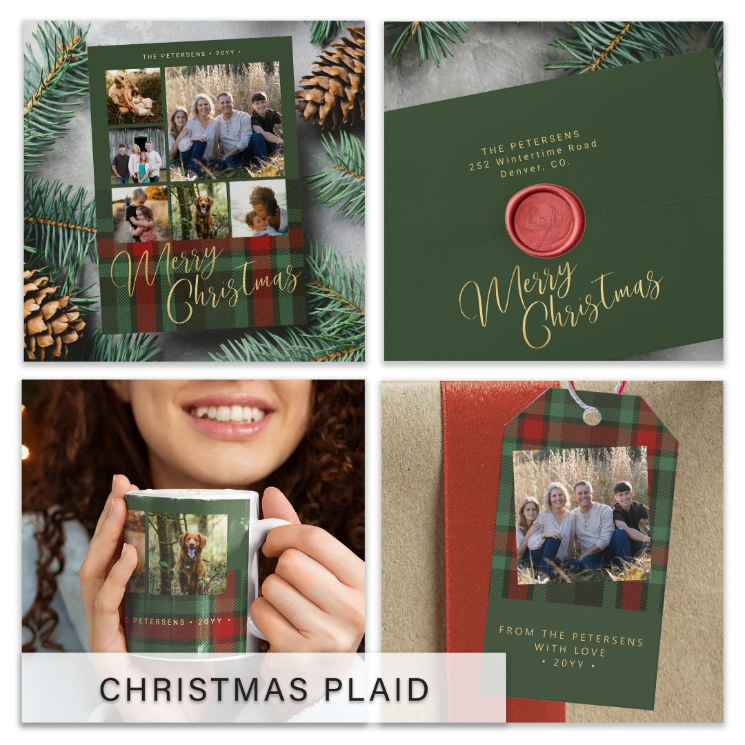 Merry Christmas rustic plaid red green gold script Classic Round ...