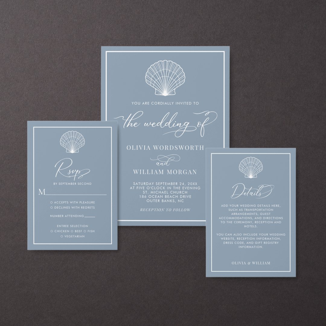 Elegant Beach Scallop Shell Wedding Dusty Blue All In One Invitation ...