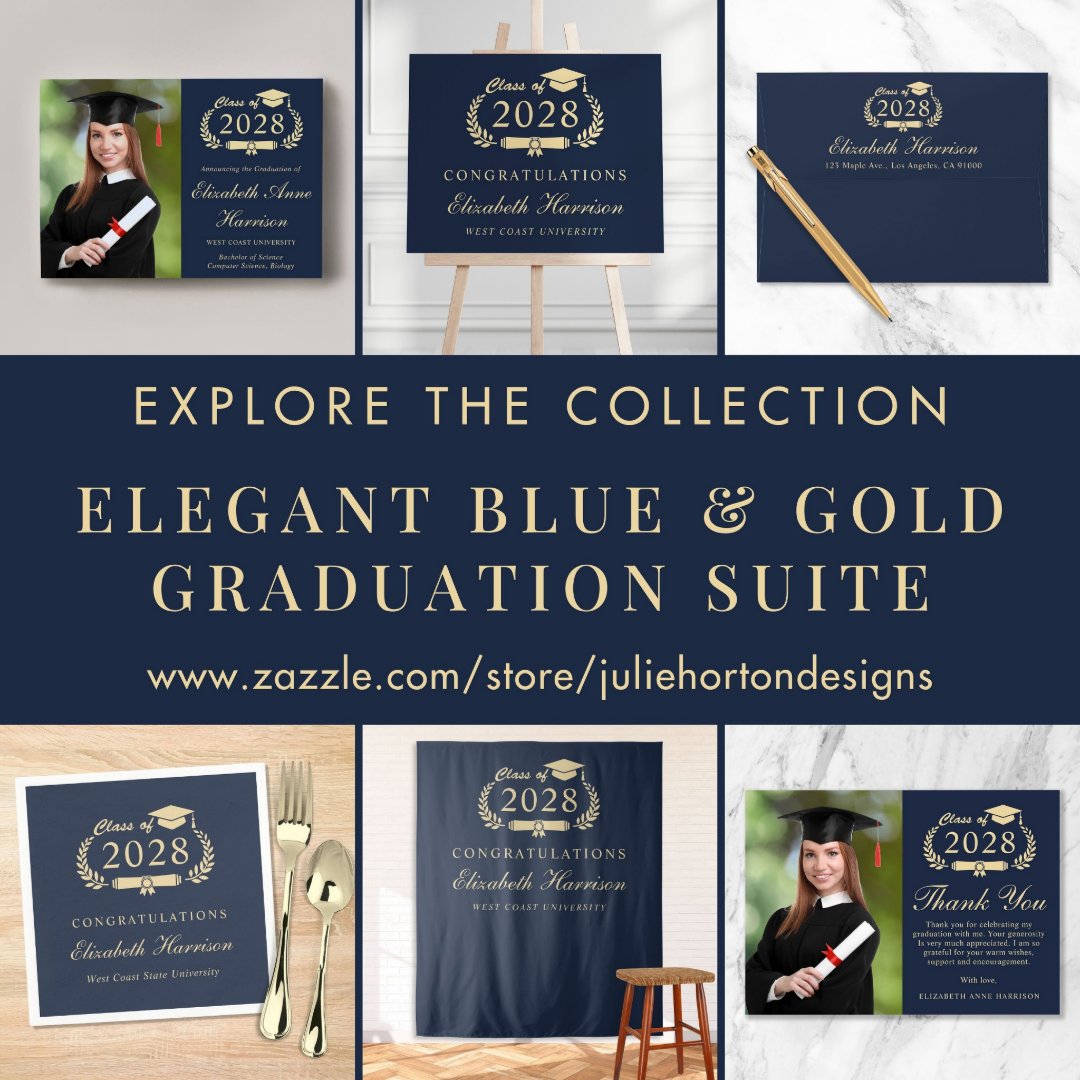 Elegant Script Photo Blue Gold College Graduation Announcement | Zazzle