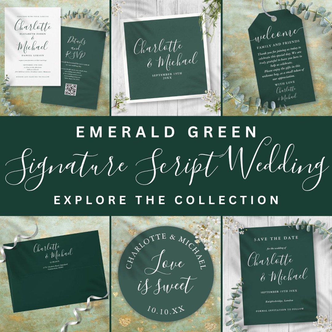 Emerald Green Elegant Script QR Code Wedding Invitation | Zazzle