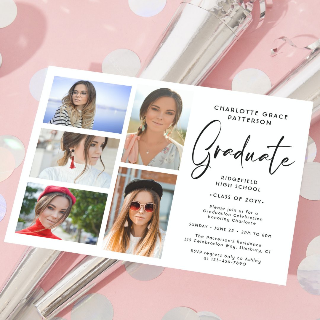 Elegant Script Multi Photo Graduation Party Invitation | Zazzle