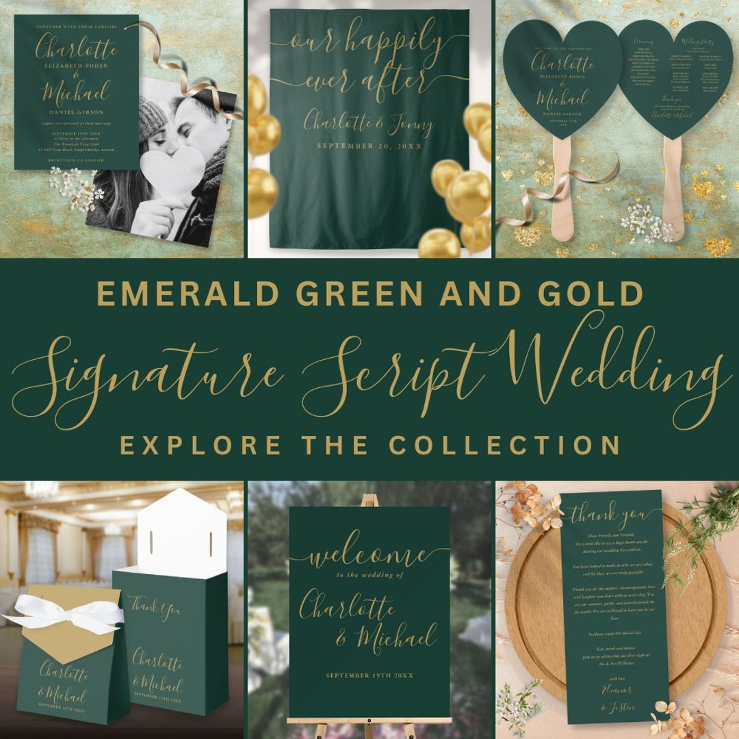 Emerald Green And Gold Script QR Code Wedding All In One Invitation ...