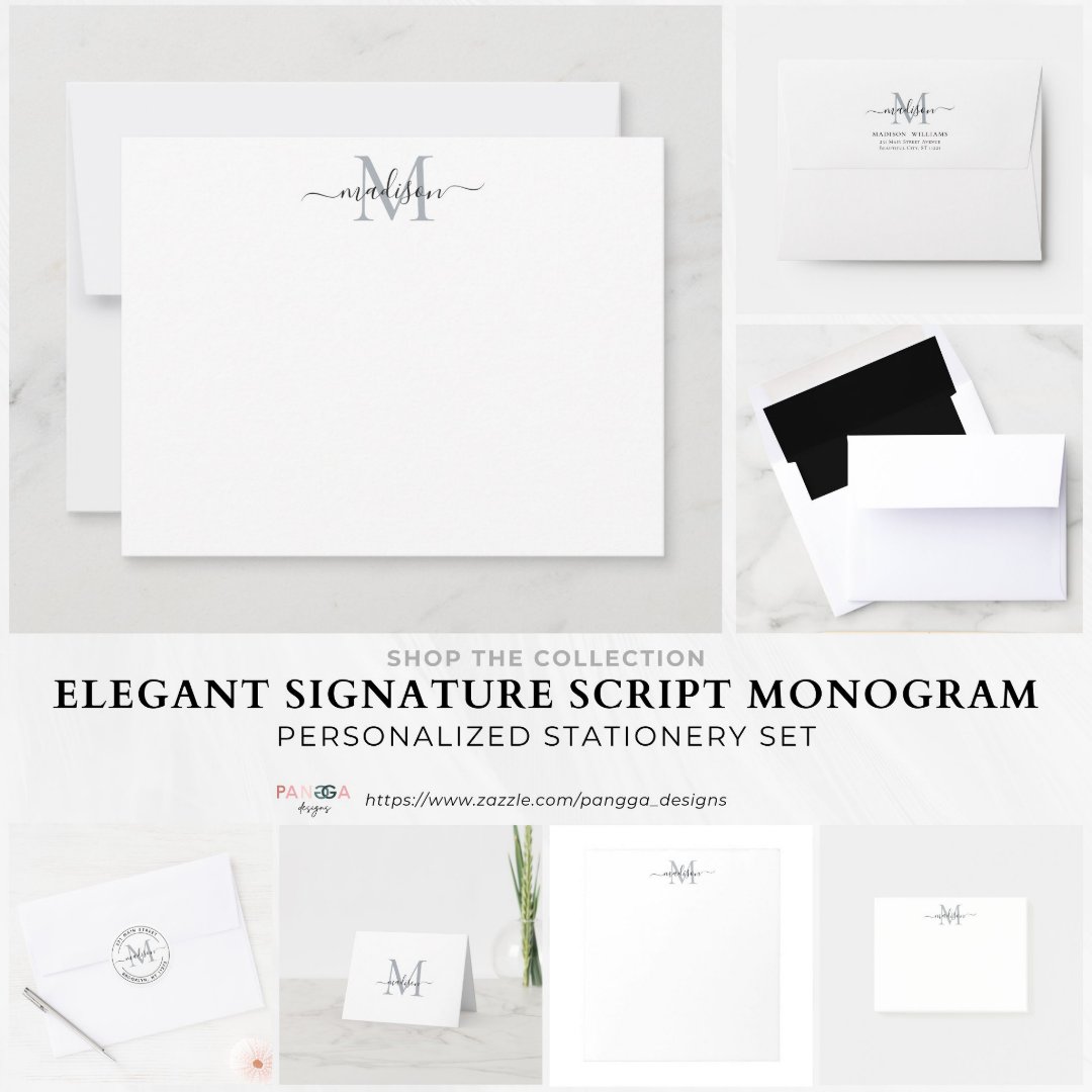 Elegant Modern Feminine Monogram Script Gray Note Card | Zazzle