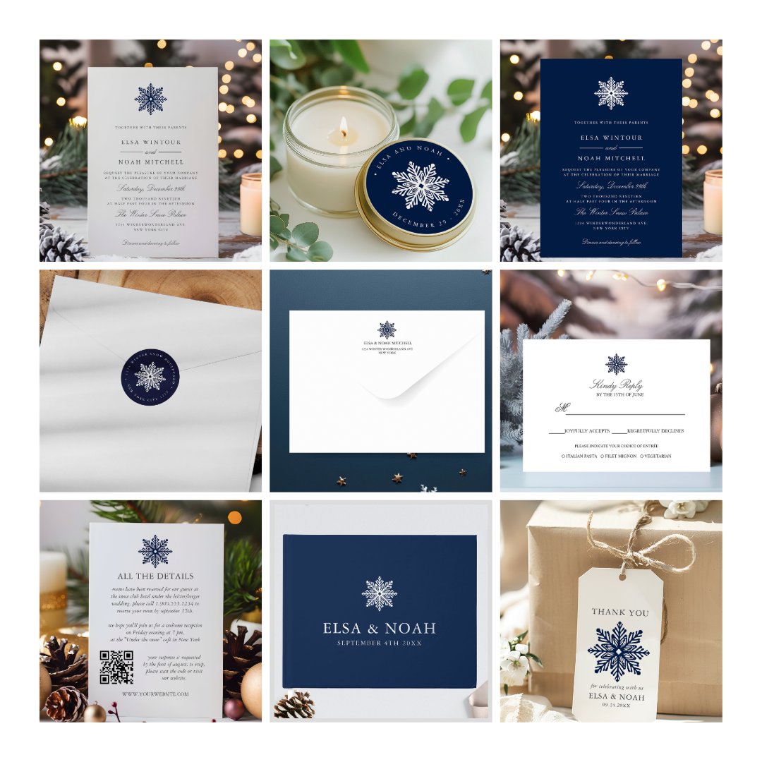 Navy Snowflake Winter Photo Formal Wedding Invitation | Zazzle