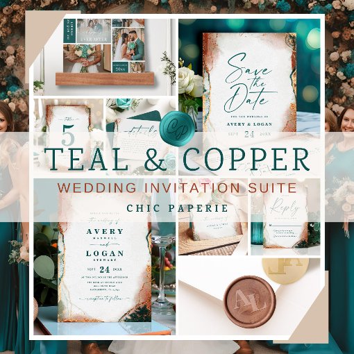 Elegant Abstract Watercolor Teal & Copper Wedding Invitation | Zazzle