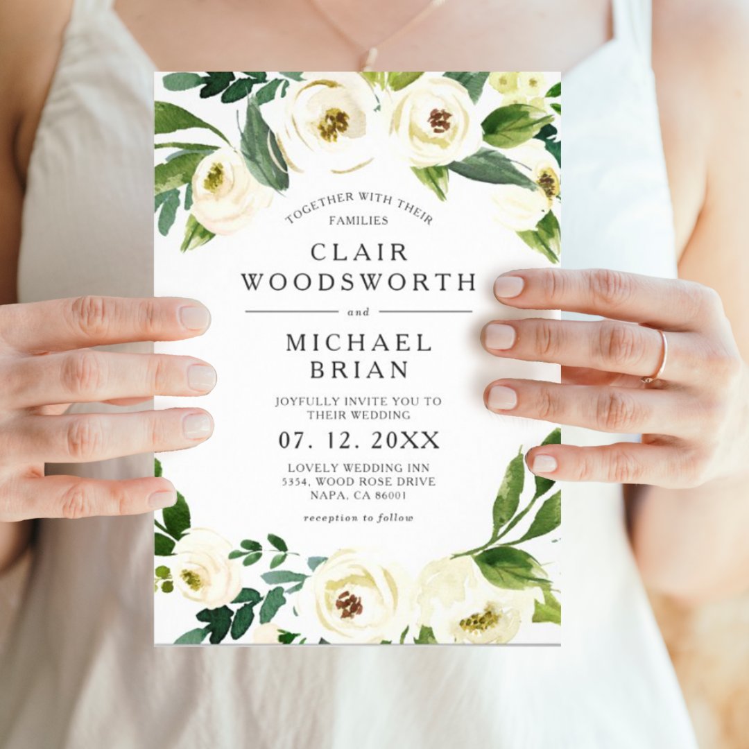 Elegant White Roses Greenery Wedding Round Sticker | Zazzle