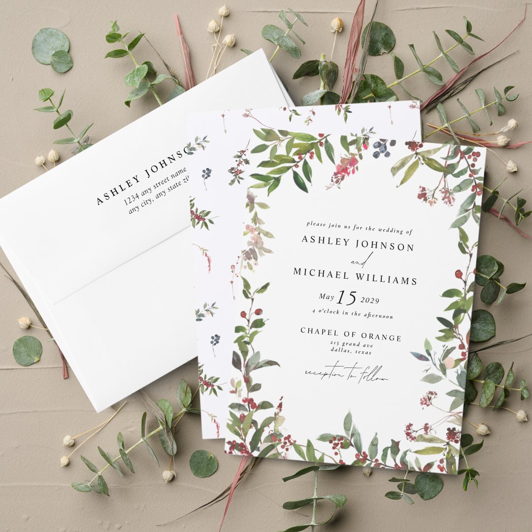 Formal Winter Wildflower Berry Wedding Invitation | Zazzle