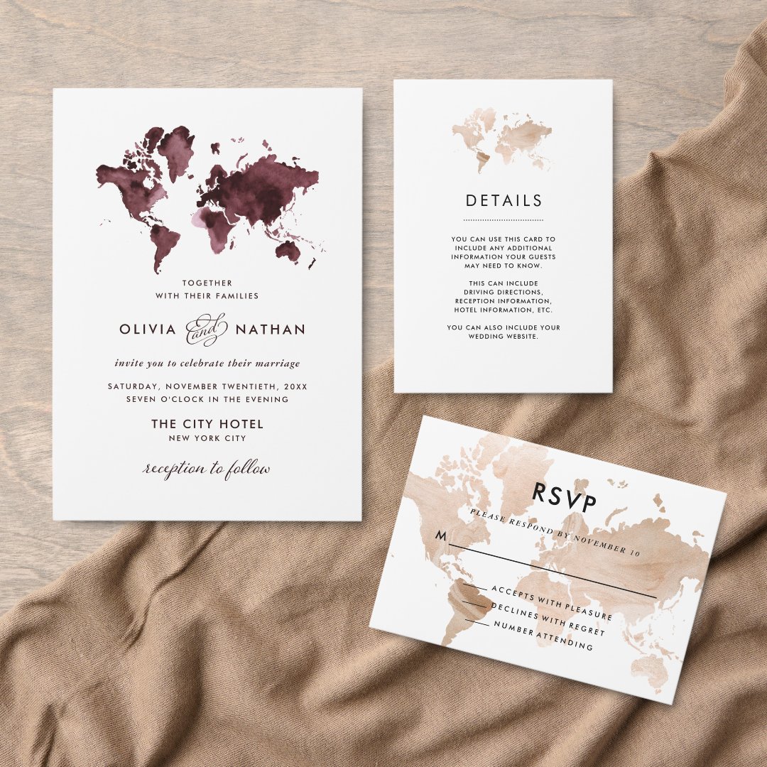 Dark Blue World Map | Elegant Travel Theme Wedding Invitation | Zazzle