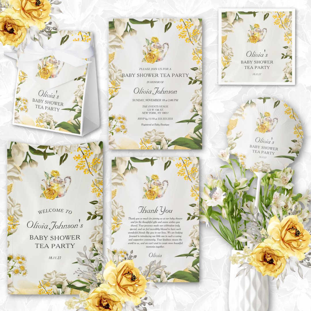 Elegant Yellow Green Floral Tea Party Baby Shower Thank You Card | Zazzle