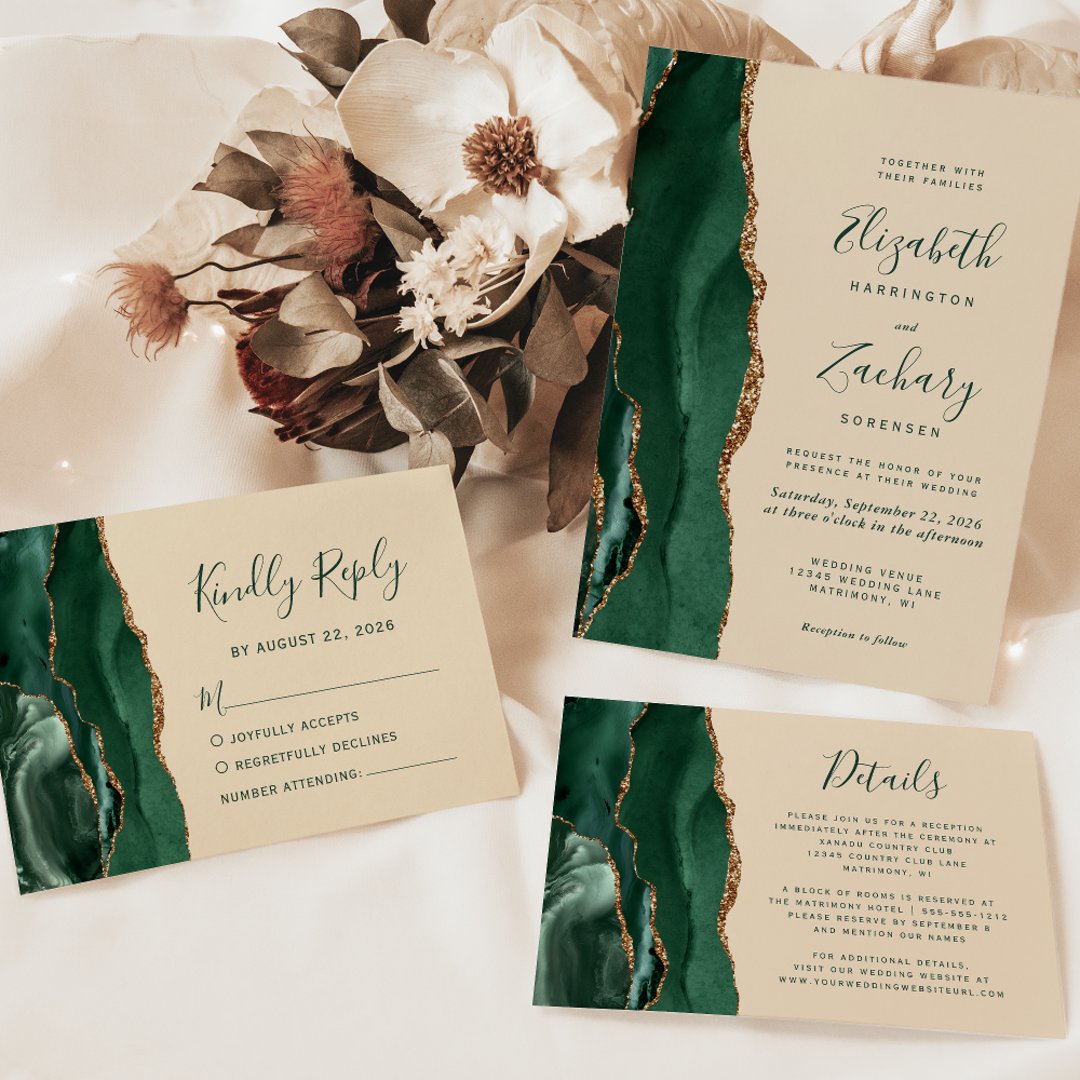 Modern Emerald Green Gold Agate Champagne Wedding Invitation | Zazzle